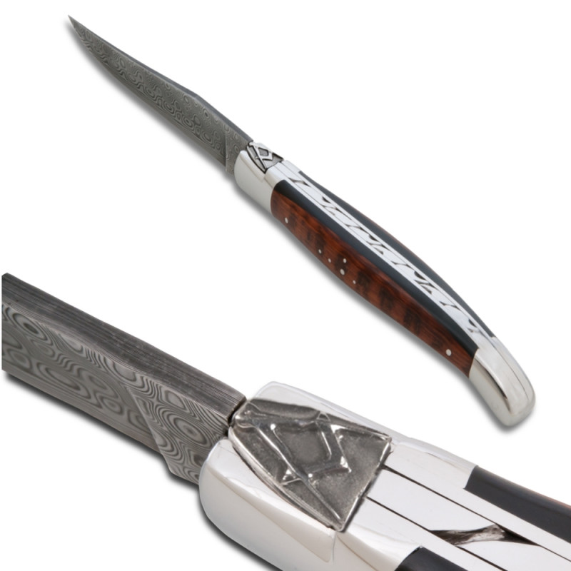 laguiole freemason knife with damascus blade, ebony and mimosa handle
