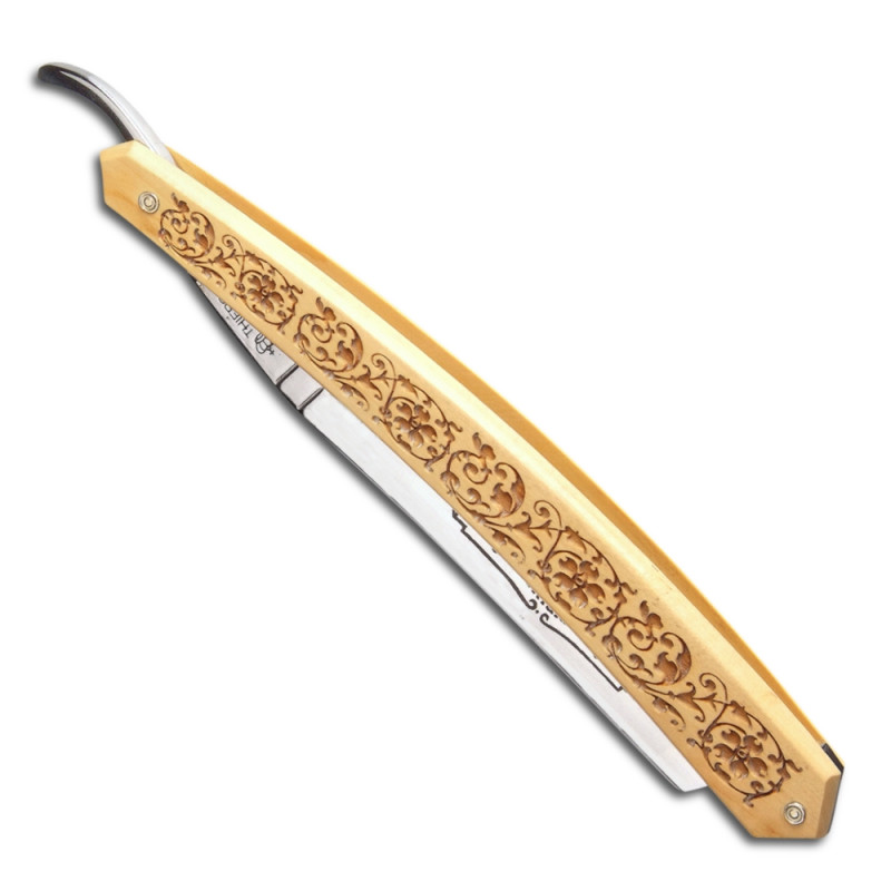Straight razor with boxwood handle with floral design by Iforge
