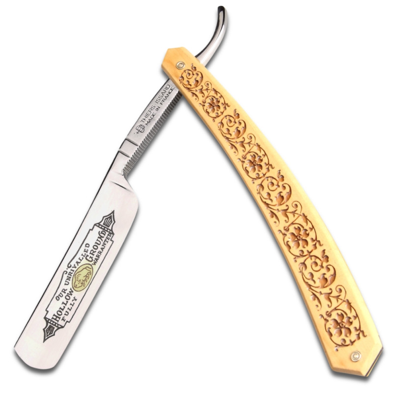 Straight razor with boxwood handle with floral design by Iforge